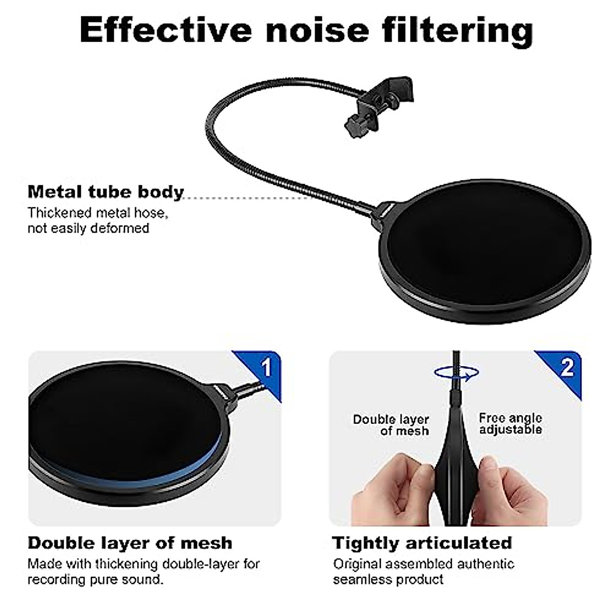 Aokeo Professional Microphone Pop Filter Mask Shield • For Blue Yeti and Any Other Microphone • Mic Dual Layered Wind Pop Screen • With A Flexible 360° Gooseneck Clip Stabilizing Arm