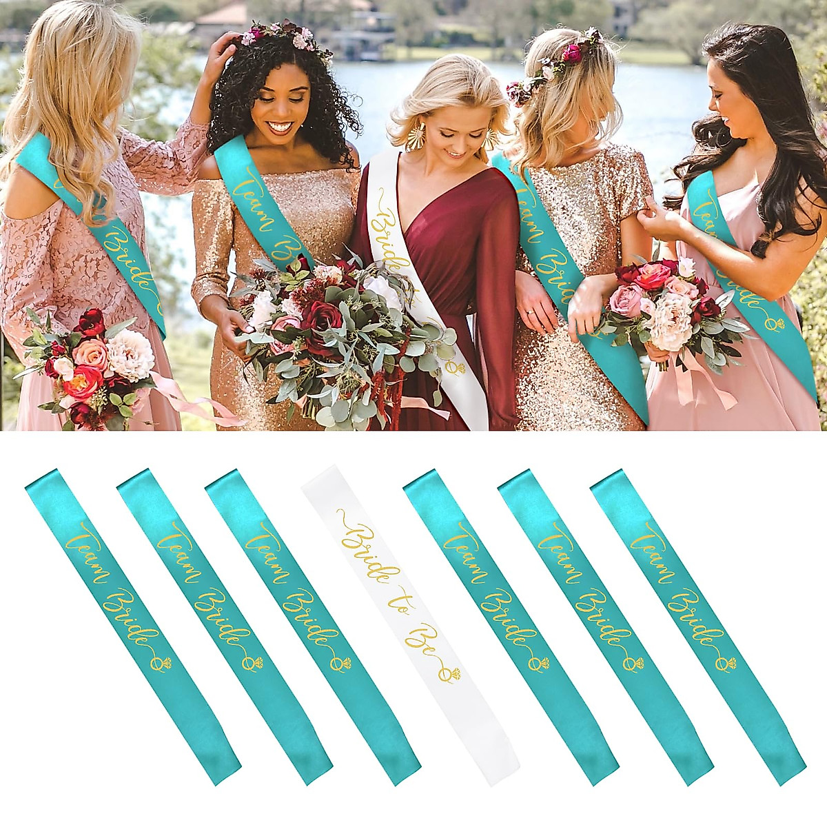 SKJIAYEE 7pcs Bachelorette Party Bride Sashes Set- White Gold Letters Bride to be Sash and Team Bride Sashes for Bachelorette Party Decorations-Bridal Shower Party Favors Gift (White+Teal)