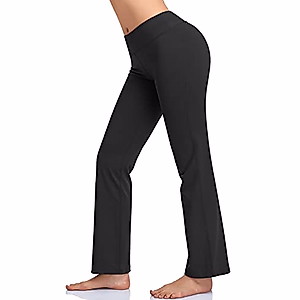 HISKYWIN Inner Pocket Yoga Pants 4 Way Stretch Tummy Control Workout Running Pants, Long Bootleg Flare Pants HF2 Black-XL