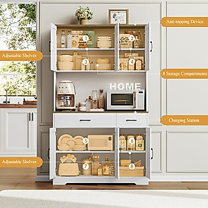 HOSTACK 71" Pantry Cabinet with Charging Station, Tall Kitchen Pantry Storage Cabinet with Microwave Stand, Farmhouse Kitchen Hutch Cabinet with Storage Drawers for Living Room, Dining Room, White