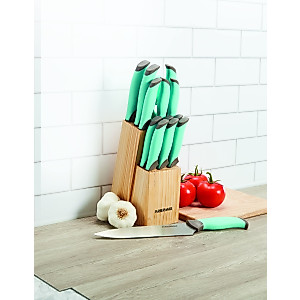 Farberware Soft Grip Cutlery Knife Block Set, 14-Piece, Aqua and Gray