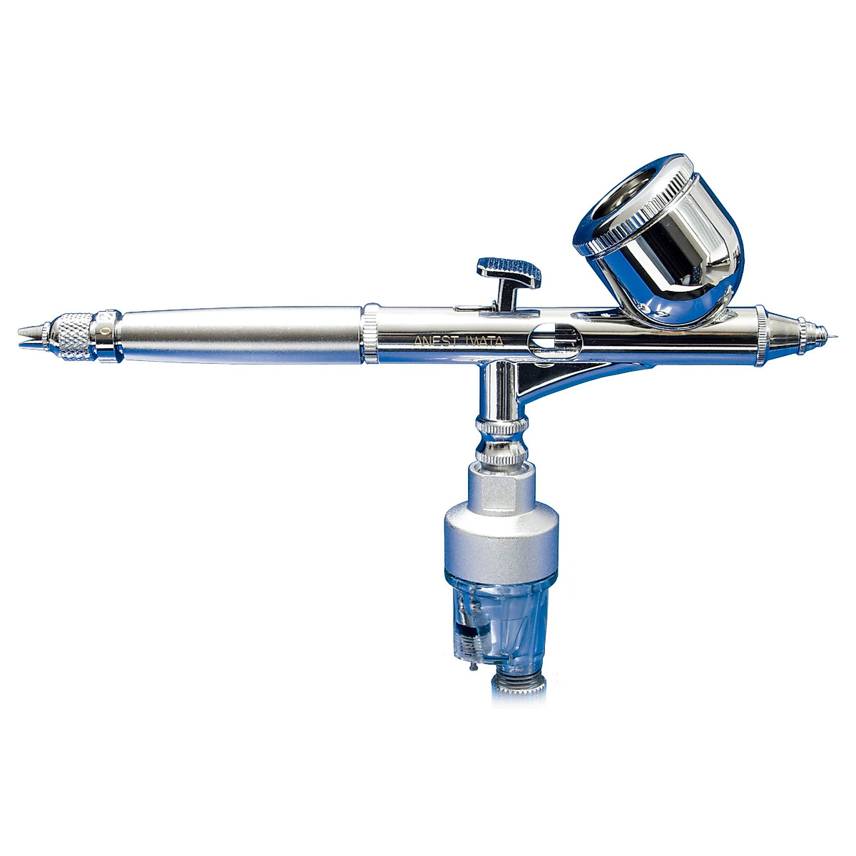 Custom Micron C Airbrush (ICM 4002) Version 2 by Iwata, Features a Square Shaped Trigger, Crown Cap Deck on End of Handle.23mm Needle and Nozzle, Silver