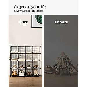 DINMO Wire Cube Storage Organizer, 16-Cube Metal Grid Storage Shelves, Modular Storage System, Closet Organizer, Ideal for Home, Office, Living Room, Stackable, 12" x 12", Black