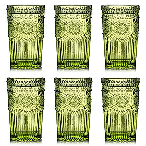 Kingrol 6 Pack 12 oz Vintage Drinking Glasses, Embossed Romantic Water Glassware, Glass Tumbler Set for Juice, Beverages, Beer, Cocktail (Green)