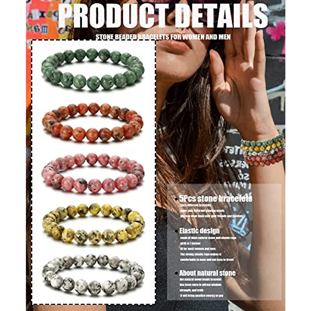 BOMAIL 5PCS 8mm Semi-Precious Gemstone Bracelet for Women Men Reiki Healing Crystal Beaded Bracelets Stretch Round Beaded Bracelet Unisex Jewelry Gifts