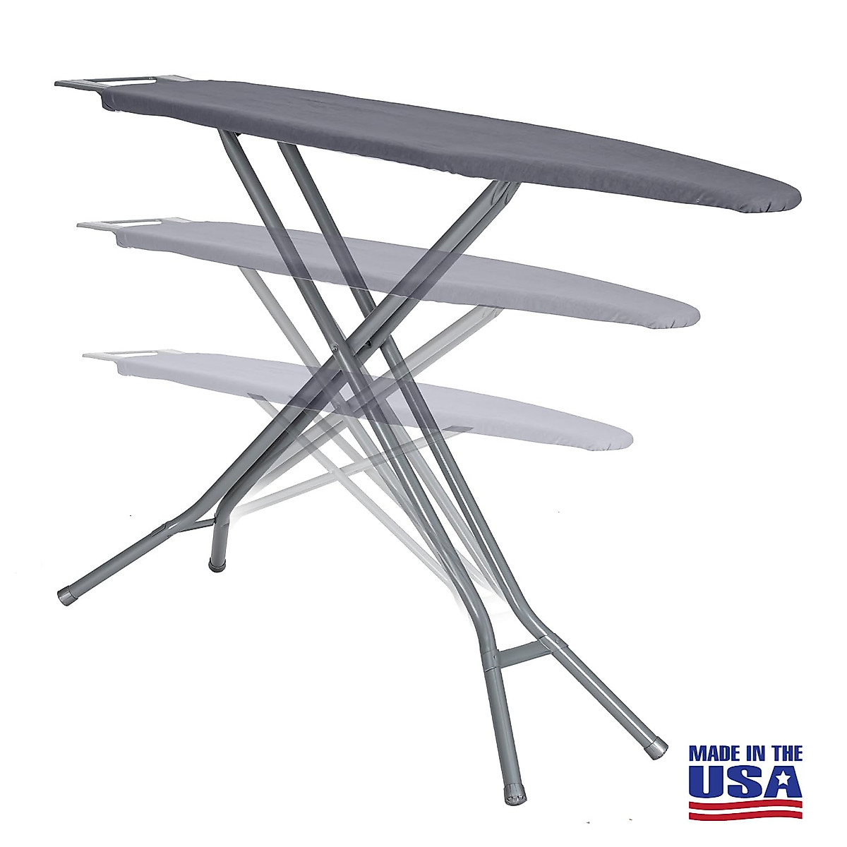 Ironing Board Full Size; Made in USA by Seymour Home Products (Solid Grey). Includes Iron Rest, Cover & Pad | All-Steel Frame, 4 Heavy Duty Legs for Extra Support | Diamond Cut Mesh Top; Steam Flow