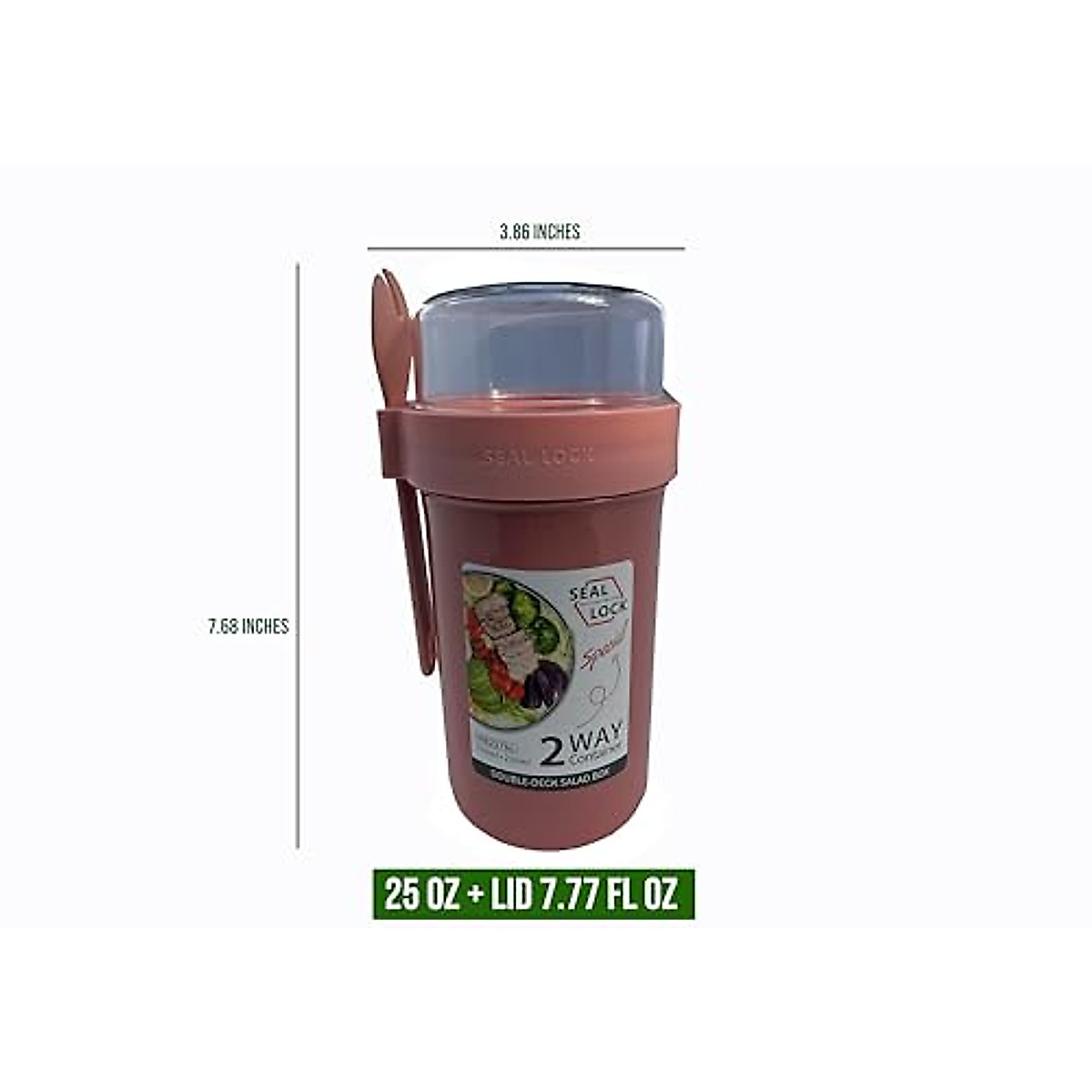 BSOV 2 in 1 Salad To Go Container Lid & Cereal Oats Yogurt Take Out Container with Fork & Dressing Pod, On the Go Portable Food Meal Prep Storage for Lunch and Jar, 3 Compartments (Pink)