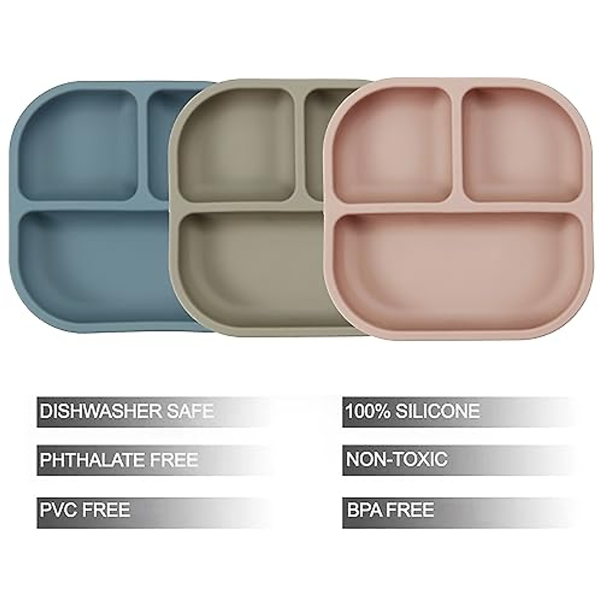 PandaEar Suction Plates for Baby, 3 Pack Silicone Plates & Spoons for Baby Toddlers Infant Kids, Divided Toddler Suction Plate Baby Dish Set, Non-Slip, Non-Toxic, BPA Free