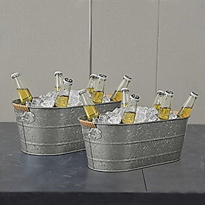 2 Pack Farmhouse Metal Galvanized Beverage Tub, Beer, Wine, Ice Holder - Ice Buckets for Parties,1.45 Gallons Rustic Vintage Storage Oval Bucket Bin - Galvanized/Cutout Handle with PE Rattan