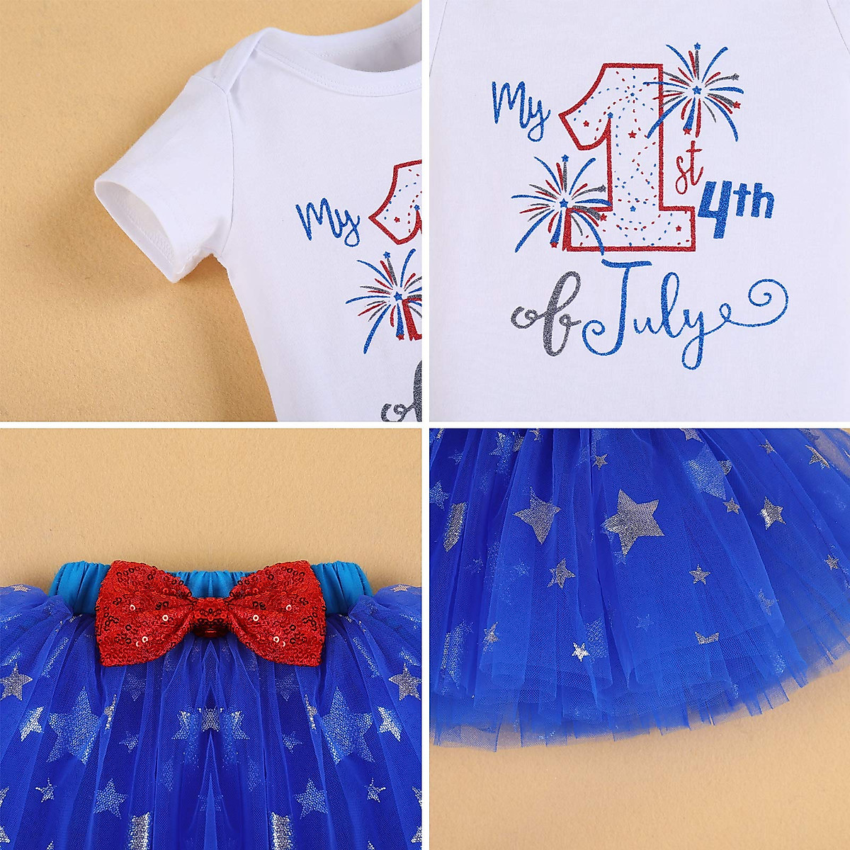 ODASDO Newborn Infant Baby Girl My 1st 4th of July Outfit Patriotic Bodysuit Romper Star Tulle Tutu Skirt Bowknot Headband Leg Warmers 4pcs Independence Day Party Summer Clothes Set White 3-6 Months