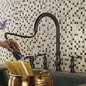 Pfister Hanover Kitchen Faucet with Pull Down Sprayer and Soap Dispenser, 2-Handle, High Arc, Tuscan Bronze Finish, F5314HNY