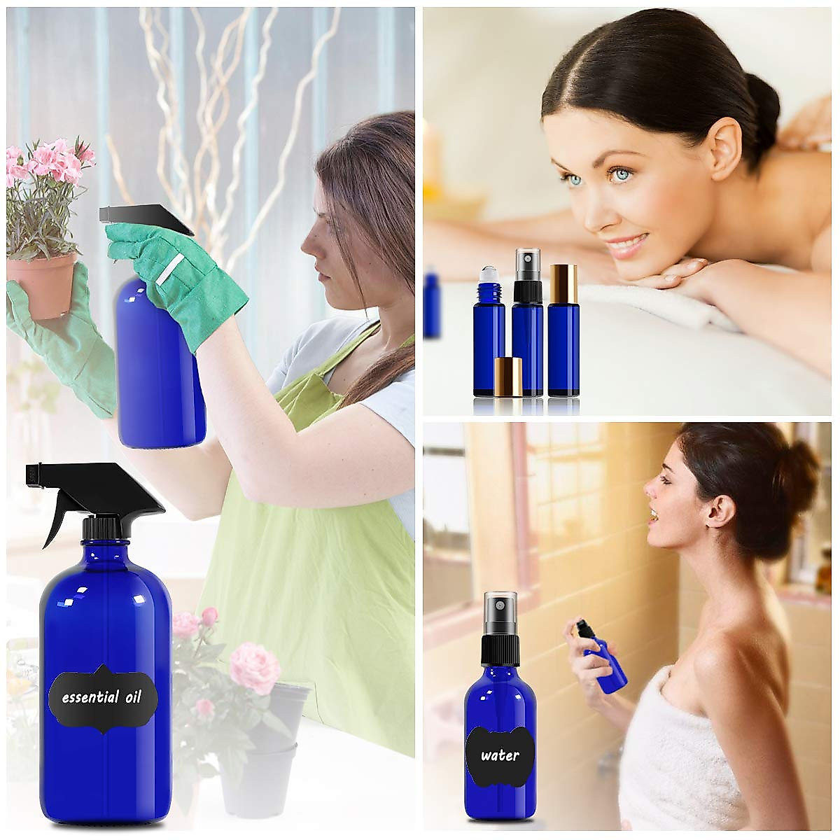 MASSUGAR Glass Spray Bottles Set - Refillable Blue Bottle Mixing Kits is Great for Essential Oils - Fine Mist 16 oz 2 Pack, 2 oz 4 Pack, 10 ml 2 Pack and 10 ml Roller Bottles 4 Pack