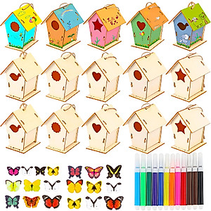 Outus Wooden DIY Craft Doodle Small Bird House Set Include Unfinished Wood Mini Bird House to Paint and Watercolor Paint Pen and 3D Butterfly Wall Sticker Decals for Kids Adults (15 Sets)