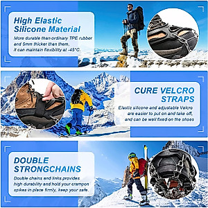 Piscorush 24 Spikes Crampons Ice Cleats Traction Snow Grips Boot Chains Women Men Kids for Hiking Shoes and Boots Steel Anti Slip Hiking Fishing Walking Mountaineering (Black, Extra Large)