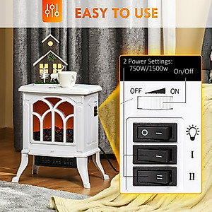 HOMCOM 17" Freestanding Electric Fireplace Stove, Fire Place Heater with Realistic Logs and Flame Effect, Adjustable Temperature, and Overheat Protection, 750W/1500W, White