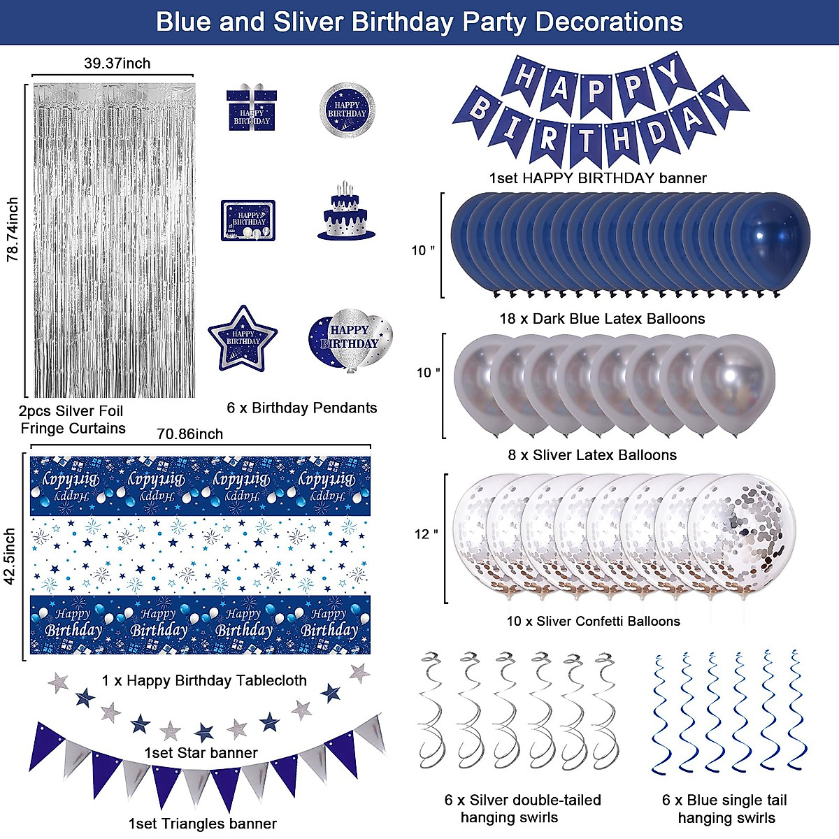 Blue Birthday Decorations for Men, Birthday Party Decorations for Men Women Boys Grils with Bunting Banner, Fringe Curtains, Hanging Swirl, Tablecloth happy birthday decorations Party Decor Suit