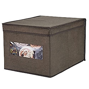 mDesign Large Fabric Stackable Closet Organizer Box with Clear Window/Lid for Bedroom, Office, Bathroom, Mudroom Organization - Shoe, Sweater, Clothes Storage, Lido Collection - Espresso Brown