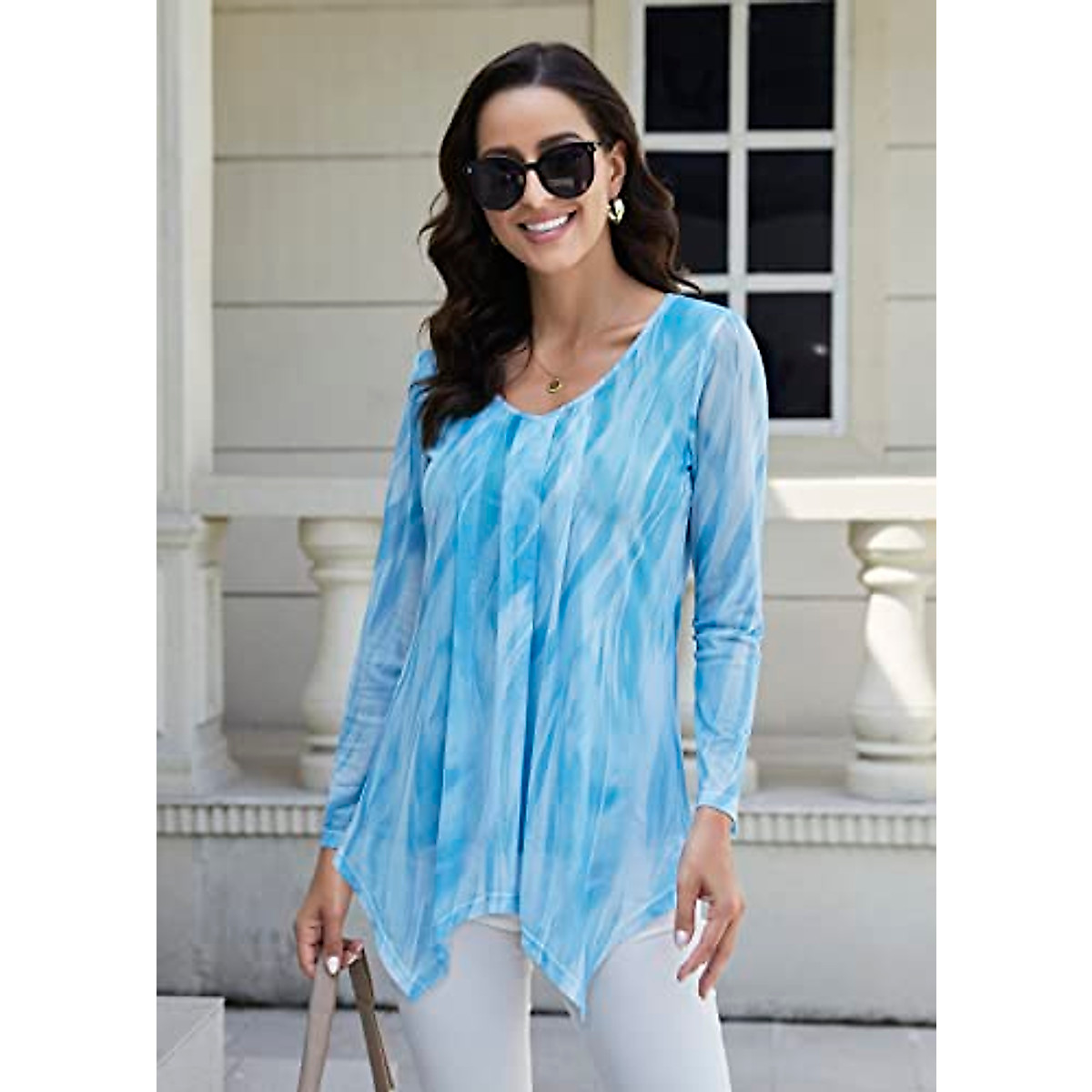 Bulotus Tunic Tops to Wear with Leggings, Fall Blouses for Women V Neck Mesh Chiffon Shirts Long Sleeve Tunic Shirts for Women Loose Fit Asymmetrical hem Polyester Blouses for Women Work, Blue, Medium