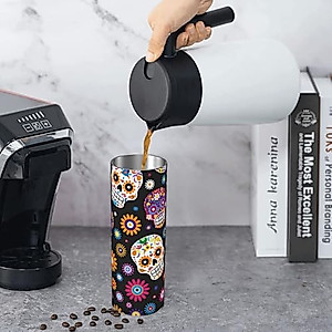 Tangopi Skull Head Floral 20 oz Tumbler with Lid and Straw Insulated Travel Coffee Mug Reusable Spill Proof Coffee Cups Stainless Steel Water Bottle for Hot and Cold Drinks