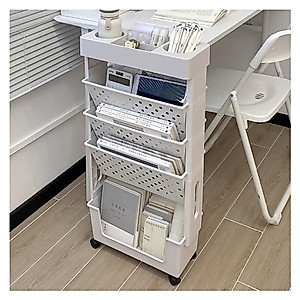 Compact Rolling Bookshelf Organizer for Classroom Deskside, Vertical Slim Bookcase Storage Shelves/Magazine Storage Rack, with Wheel, Multi-Purpose Utility Cart (Color : White)