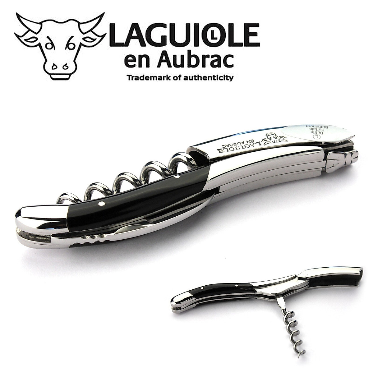 Laguiole En Aubrac Sommelier Waiter's Corkscrew, Buffalo Horn Handle, Wine Opener With Foil Cutter & Bottle Opener, Stainless Steel Shiny Bolsters