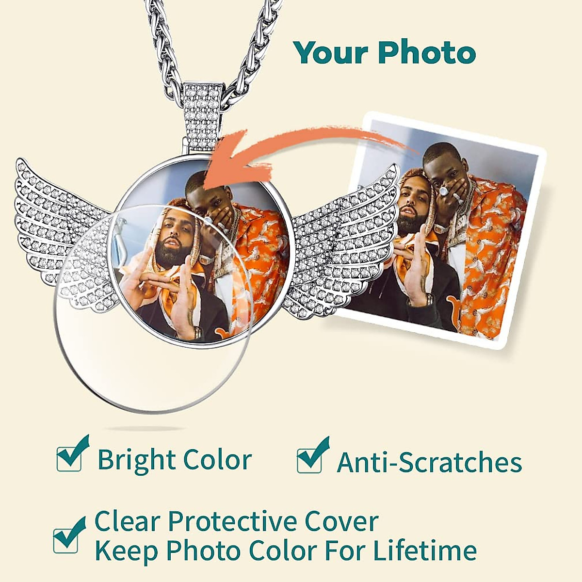 Angel Wings Necklace Chain with Picture Jewelry Gifts Photo Necklace for Men friend Husband Father