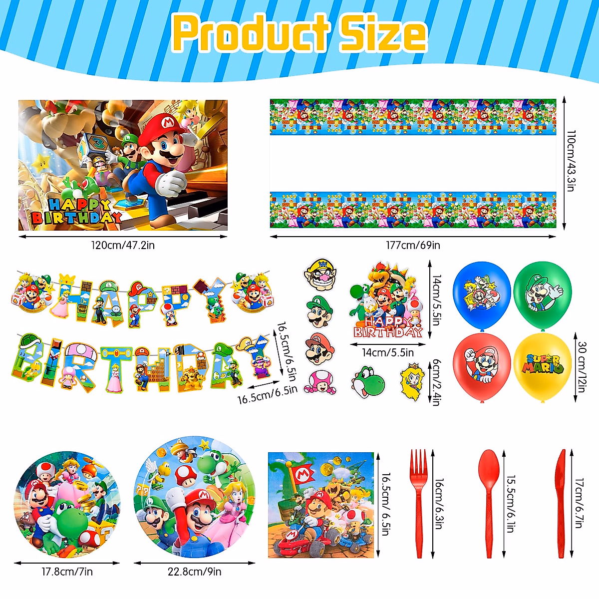 104 PCS Marrio Birthday Party Supplies, Cute Marrio Birthday Party Decorations with Marrio Birthday Plates, Birthday Banner, Balloons, Knives, Forks, Spoons, Napkins, Backdrop, Tablecloth, Cake Topper