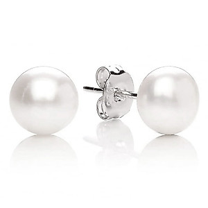 MABELLA 925 Sterling Silver AAA Genuine Freshwater Cultured Pearl White Button Stud Earrings Jewelry Gifts for Women 6mm