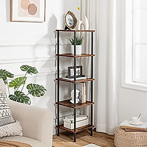 HOOBRO 5-Tier Corner Shelf Stand, Corner Square Rack Display Shelf, Tall Storage Rack Plant Stand, Corner Bookcase for Small Spaces, Living Room, Home Office, Kitchen, Rustic Brown and Black BF50CJ01