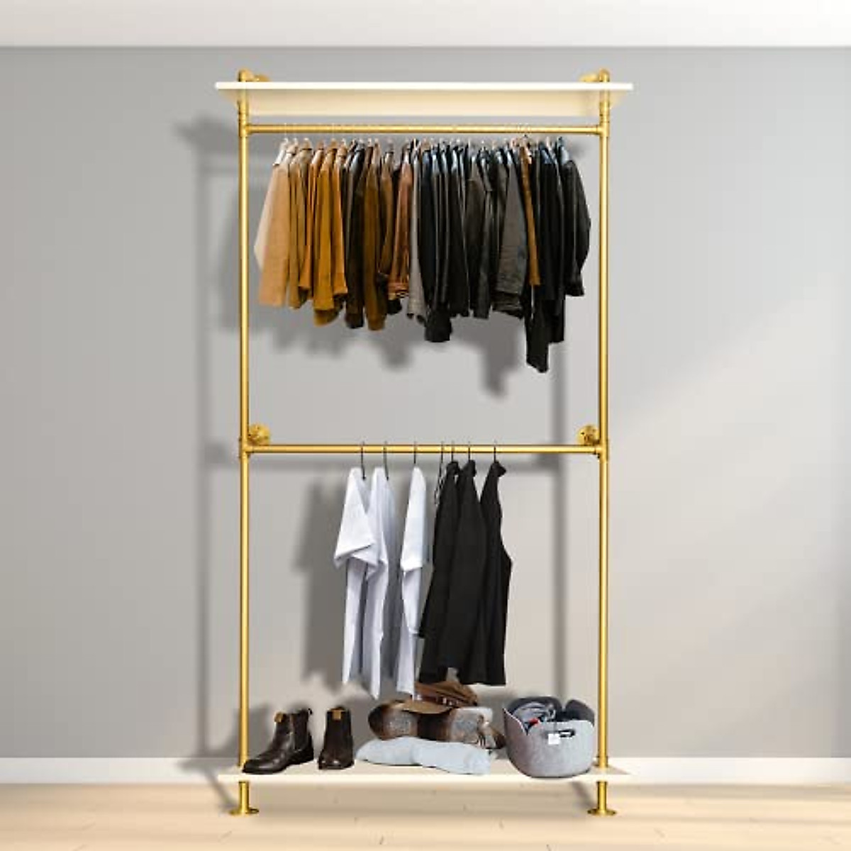 lesolar Industrial Pipe Double Hanging Rods Clothing Rack Gold Clothing Rack,90.55" H Wall Mounted Garment Rack Storage Clothes Hanging Shelf Suitable for Bedroom, Retail Clothing Store, Boutique