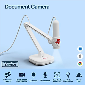 INSWAN INS-3 Detachable USB Document Camera for Teachers, built-in Mic, Light, Dual-Mode Autofocus, Windows, MacOS,Chromebook Compatible for Remote Teaching, Distance Learning, Webcam Web Conferencing