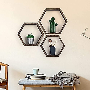1885 Wall Glimmer Hexagon Floating Shelves Rustic Brown - Set of 3 Larger Size Decorative Honeycomb Shelves - Wall Mounted Geometric Rustic Wood Floating Shelves for Wall Decor