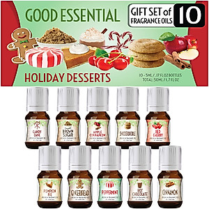 Good Essential - Professional Holiday Fragrance Oil Set Pack of 10 5ml Peppermint, Apple Cinnamon, Hot Chocolate, Cherry, Pumpkin Pie, Candy Cane, Gingerbread, Snickerdoodle, Cinnamon, Brown Sugar