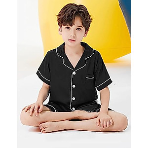SWOMOG Kids Satin Pajama Set Size 6-7 Girls Boys Button Down Sleepwear Silk Pjs Set Short Sleeve 2 Pcs Summer Outfits Shorts Set Black