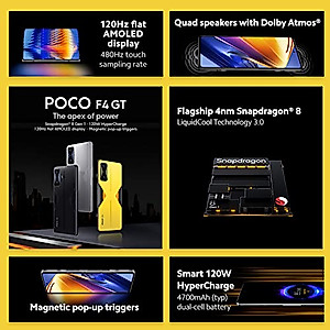 Poco F4 GT 5G + 4G LTE 256GB + 12GB Factory Unlocked 6.67" 120Hz 64Mp Triple Camera (Not Verizon Sprint Boost Cricket Metro At&T) + (w/Fast Car Charger Bundle) (Stealth Black)