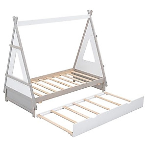 JIVOIT Wooden Tent Floor Bed with Pull-Out Twin Size Trundle, Twin Size Floor Bed House Bed with X-Shaped Safety Railings, Montessori Bed Playhouse House Platform Bed for Kids Boys Girls