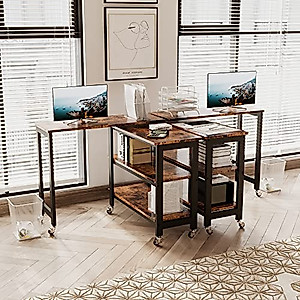 WAYTRIM 360° Free Rotating Sofa Side Table, Mobile End Table with 2 Tier Storage Shelves, Couch Side Table Sturdy Metal Frame with 6 Universal Casters, Laptop Table for Home Office - Rustic Brown