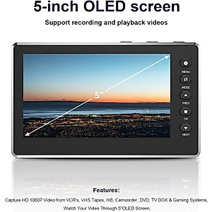 Video to Digital Converter, VHS to Digital Converter, Video Recorder Capture with 5" OLED Screen, Convert VHS to Digital, AV&HDMI Reocord from VHS, DVD, VCR, Hi8, Tapes, Camcorders, TV BOX &Gaming Sys