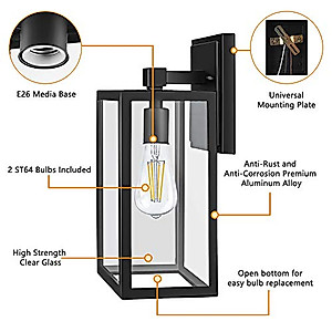 PARTPHONER Outdoor Light Fixtures Wall Mount, Porch Light with 2 LED Bulbs, Exterior Light Fixture Waterproof Anti-Rust Wall Sconce with Clear Glass and Black Aluminum for Garage, Doorway-2 Pack