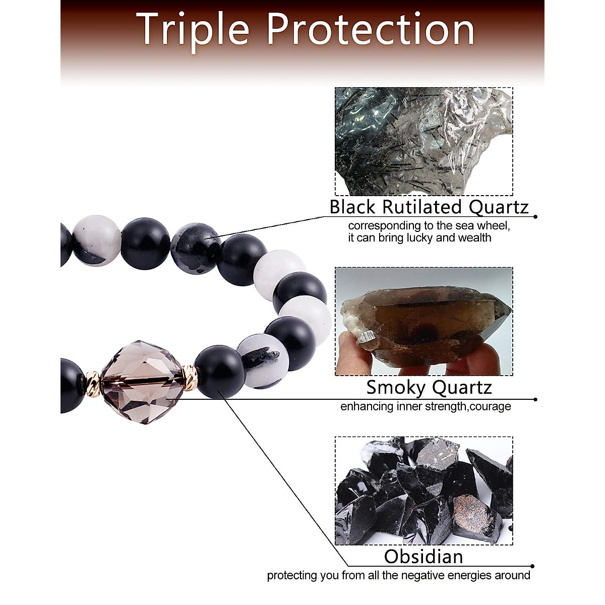 Jewever Triple Protection Bracelets Healing Energy Crystals Stones wealth bracelet for Women(Black Rutilated Quartz/Smoky Quartz/Obsidian 8mm)