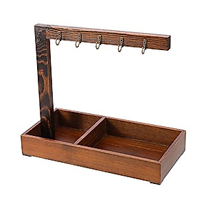 Entryway Hanging Key Holder with 5 Hooks for Desk Tabletop,Solid Wood Jewelry Storage Tray,Home Decorative Key Rack Organizer,L11.8''*W5.9''*H9.8’’, Black Walnut