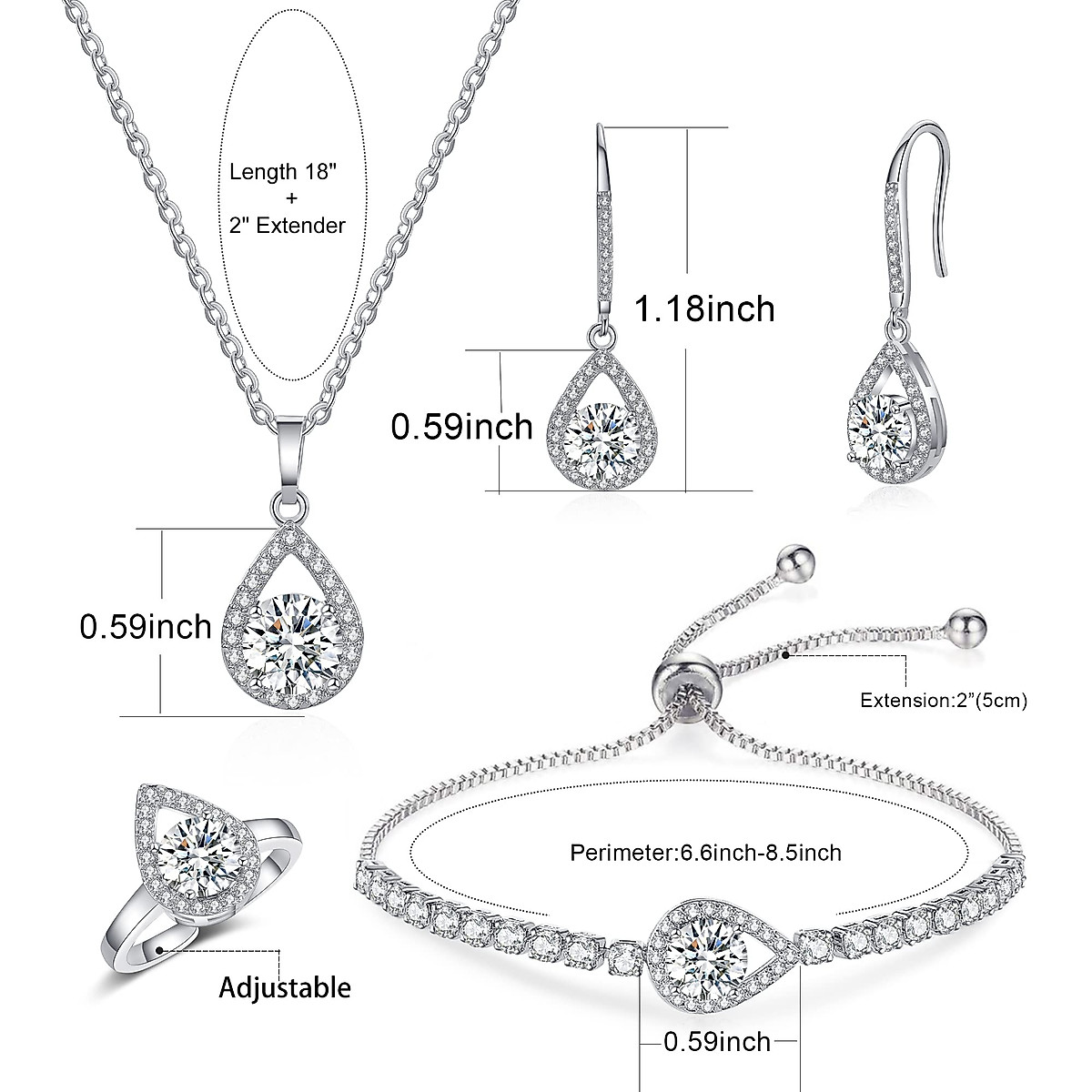 DHQH 4PCS Wedding Jewelry for Bridesmaid Cubic Zirconia Teardrop Necklace Earrings Bracelet Ring Set Bridesmaid Jewelry Set for Women Party Jewelry Gifts