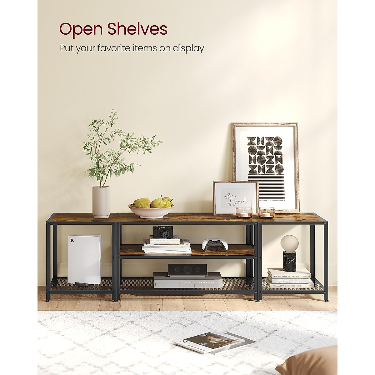 VASAGLE Modern TV Stand for TVs up to 75 Inches, 3-Tier Entertainment Center, Industrial TV Console Table with Open Storage Shelves, for Living Room, Bedroom, Rustic Brown and Black ULTV098B01