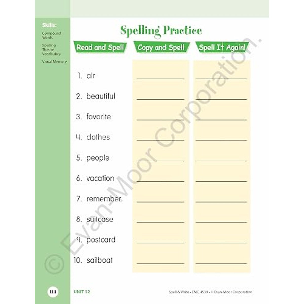 Evan-Moor Skill Sharpeners Spell and Write Workbook, Grade 3, 120 Spelling Words, Test Prep, Word Families, Short Vowels, Grammar, Punctuation, Creative Writing, Vocabulary, Activities, Homeschool