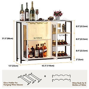 LVSOMT LED Farmhouse Coffee Bar Cabinet, Wine Cabinets with Removable Wine Rack, Buffet Cabinet with Motion Sensor for Kitchen, Dining Room (Pure White-43.3''L)