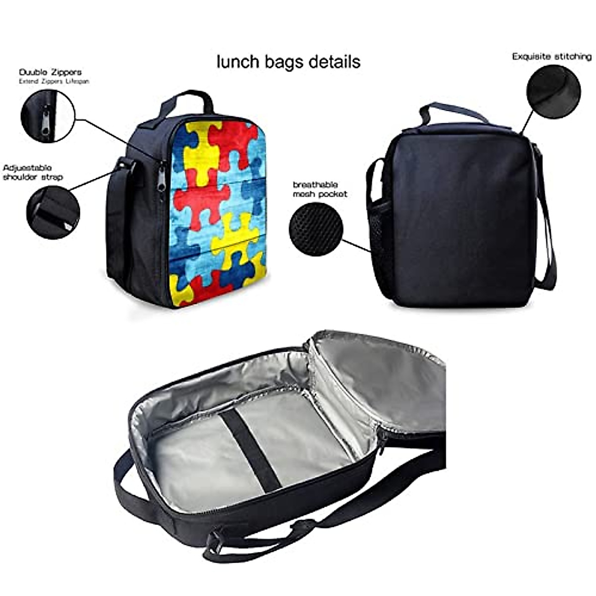 Colorful Autism Awareness Puzzle Backpack 3 Piece Set School Bag Bookbag with Lunch Box And Pencil Case Set for Boys Girls