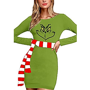Christmas Grinch Dress for Women Ugly Holiday Party Winter Dresses with Scarf Grinch Costume S