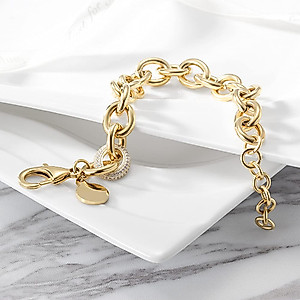 Jinbaoying CZ Wide Cuban Curb Link Bracelets for Women Adjustable Extenders Chunky Bracelet Gold Silver Rose Gold Plated Stainless Steel Link Charm Chain with Round Disc Charm (Small Disc Gold)