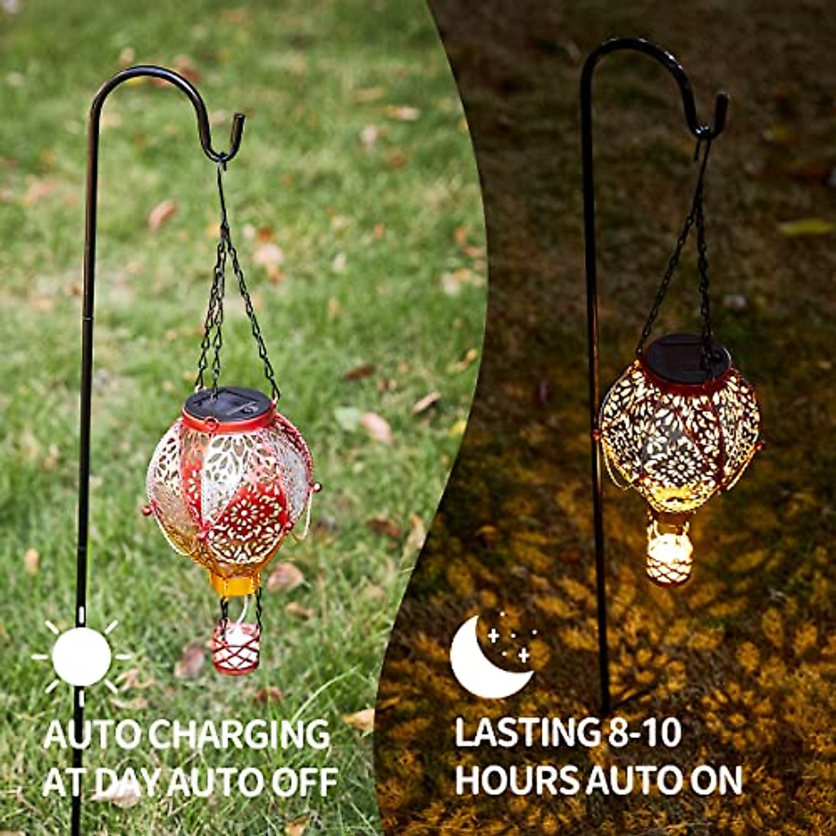 Hot Air Balloon Solar Lantern - Solar Pathway Lights Outdoor Waterproof Shepherd Hook with Hanging Decorative Metal LED Lantern Solar Lights for Garden Patio Pathway Yard Porch Decor