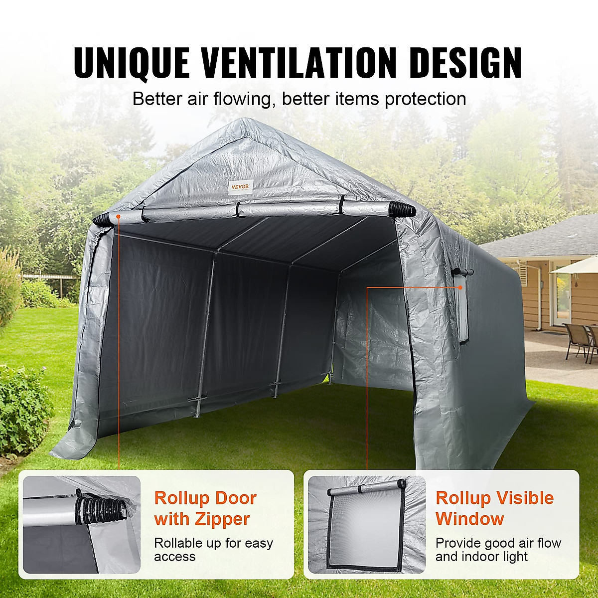 VEVOR Outdoor Portable Storage Shelter Shed, 10x15x8ft Heavy Duty Instant Garage Tent Canopy Carport with Roll-up Zipper Door and Ventilated Windows for Cars, Motorcycle, Bike, Garden Tools
